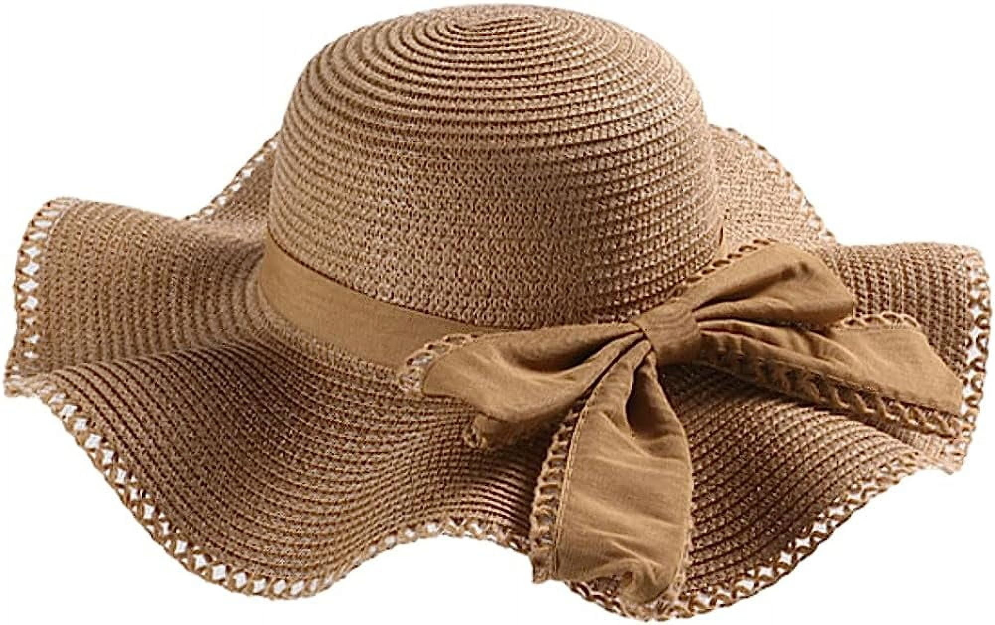 YongQiang Straw Sun Hat Women Chic UV Protection Wide Wave Brim Bow Hat ...