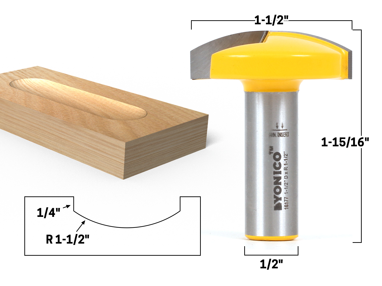 Yonico 1-1/2" Radius Horizontal Crown Router Bit - 1/2" Shank - 16177 ...