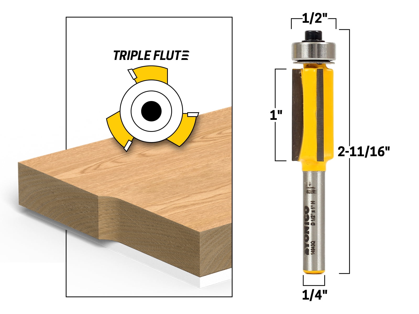 Yonico 1" Triple Flute X 1/2" Diameter Flush Trim Router Bit - 1/4 ...