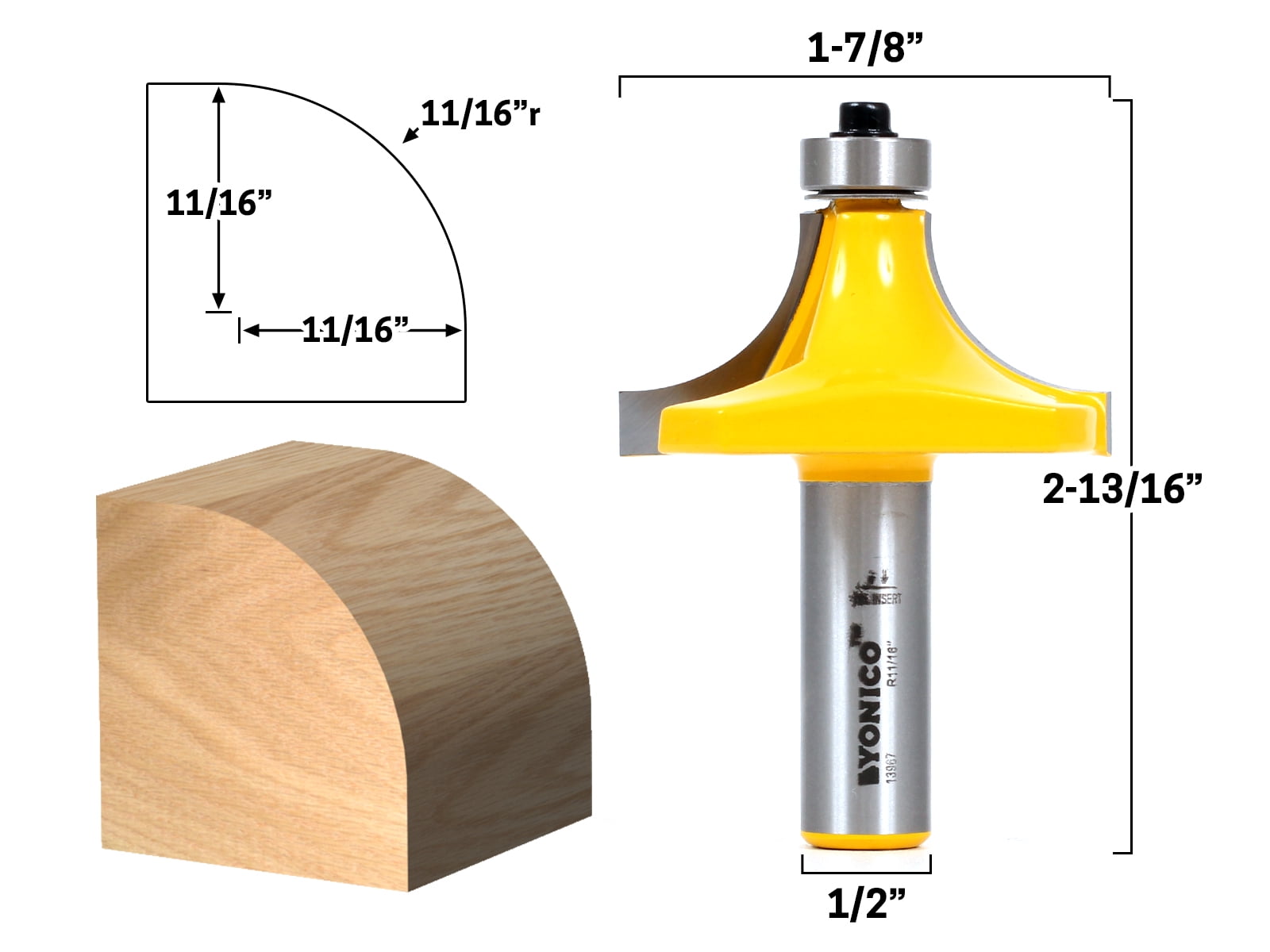 Yonico 11/16" Radius Round Over Edge Forming Router Bit - 1/2" Shank ...