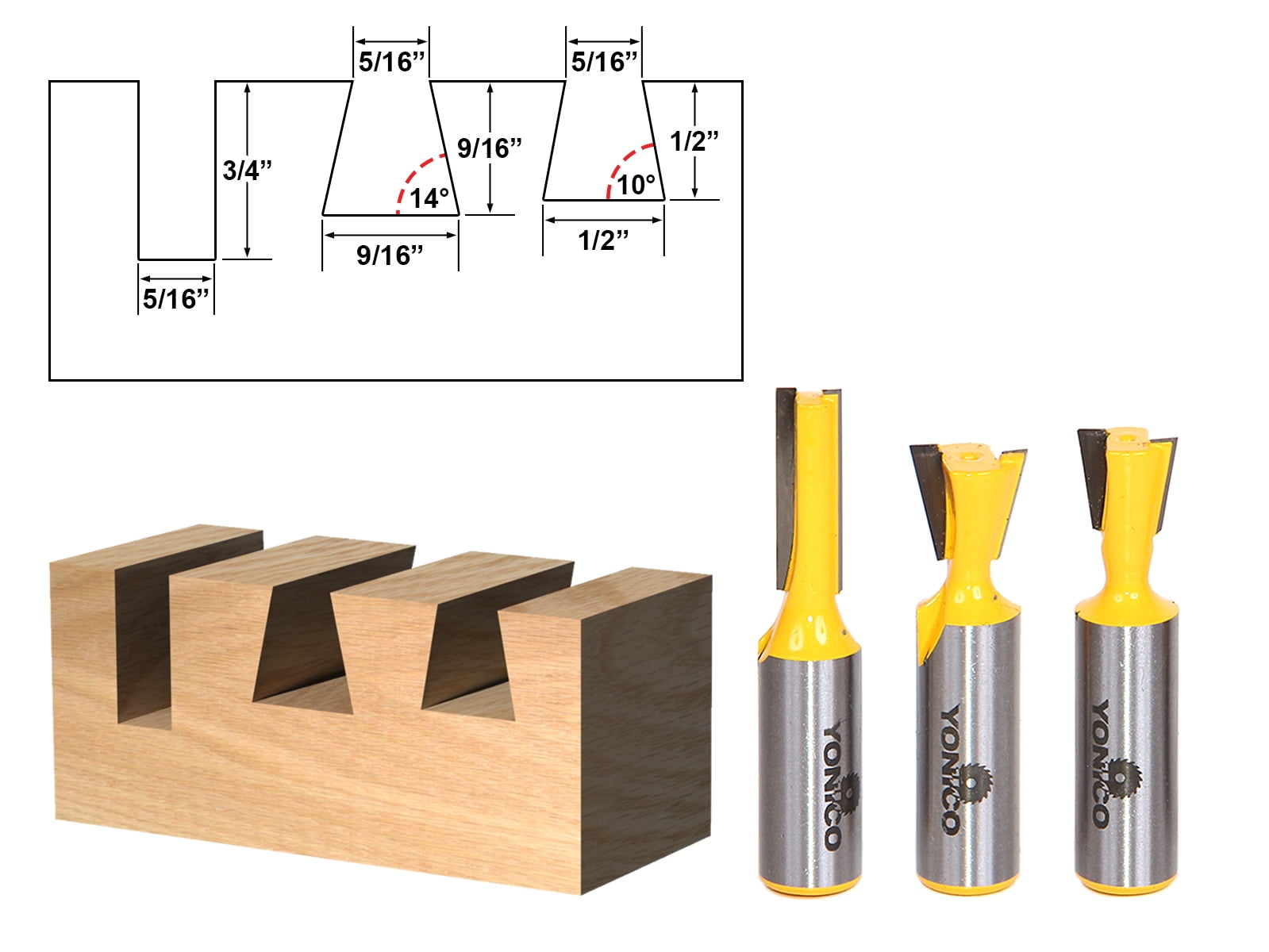 Yonico 14318 3 Bit Dovetail Router Bit Set with 10-Degree and 14-Degree ...