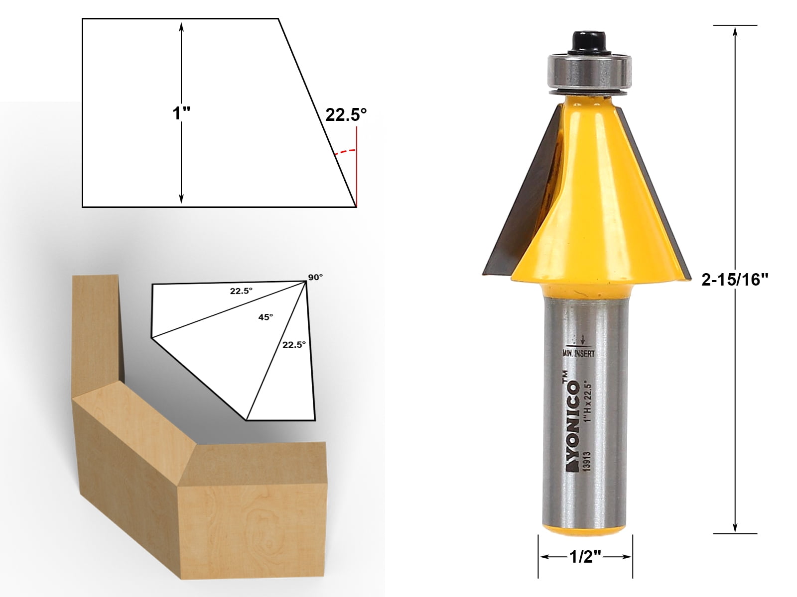 Yonico 22.5° Chamfer & Bevel Edging Router Bit - 1/2" Shank - 13913 ...