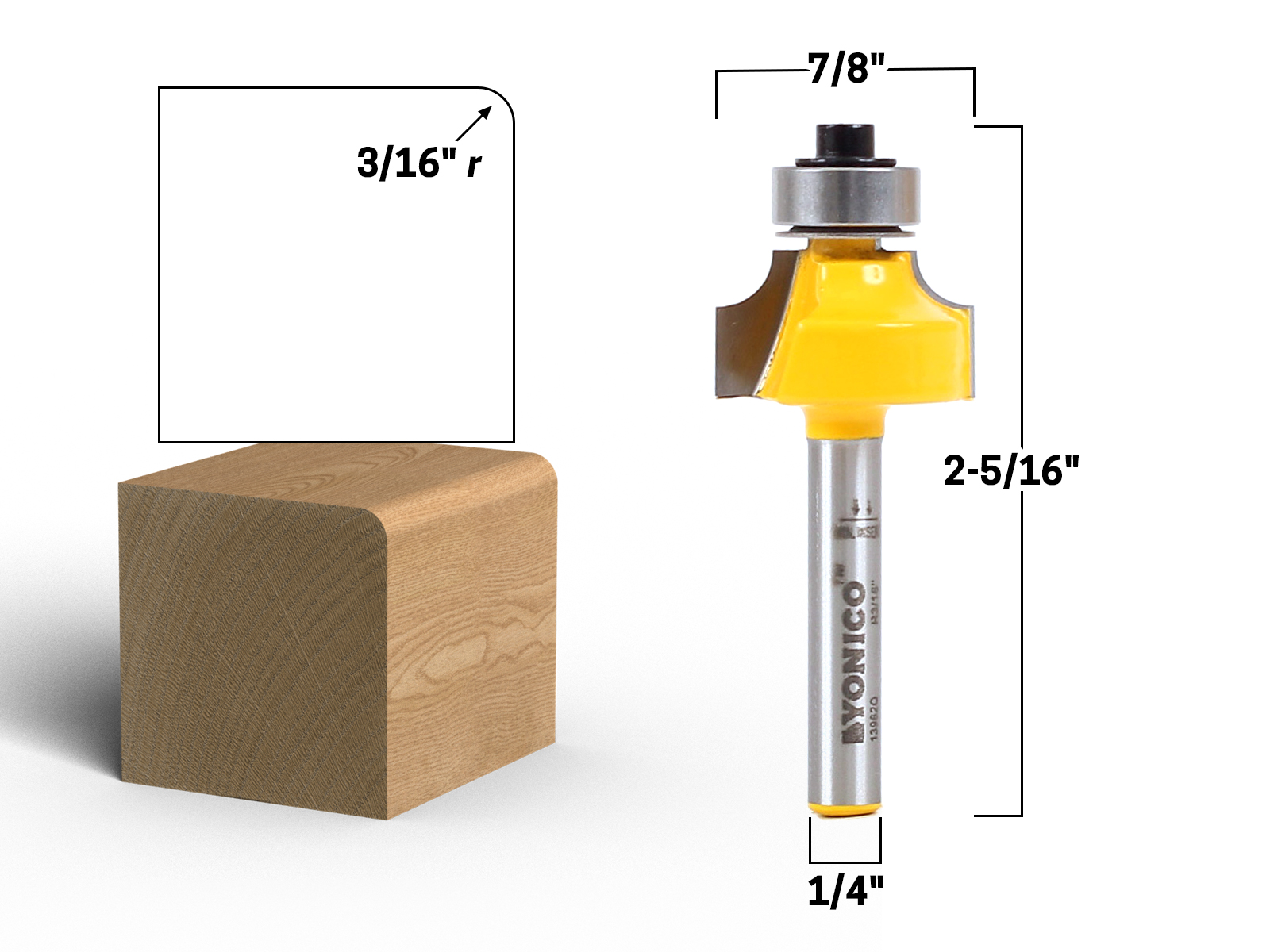 Yonico 3/16" Radius Round Over Edge Forming Router Bit - 1/4" Shank ...