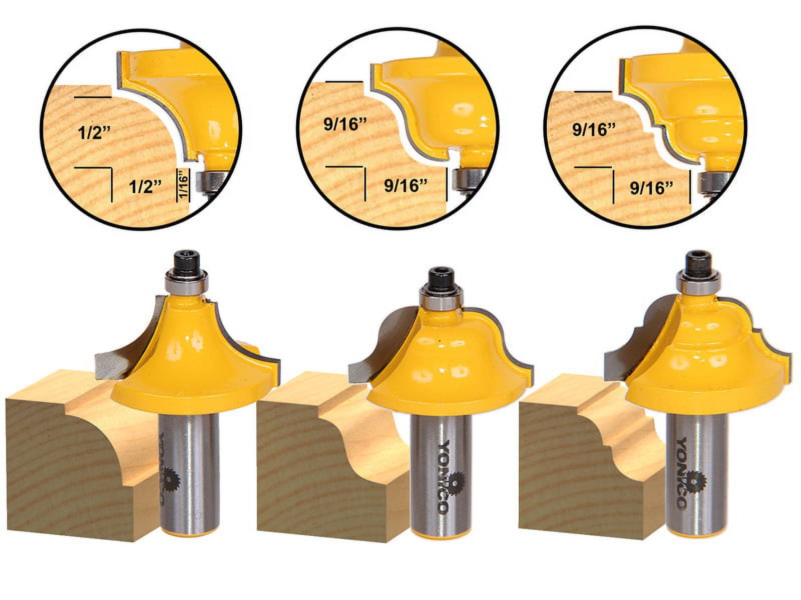 Yonico 3 Bit Edge Molding Router Bit Set - Large Designer - 1/2" Stock ...