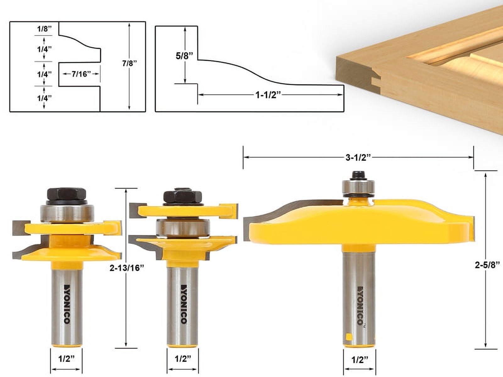 Round Over Rail & Stile with Cove Panel Raiser 3 Bit Router Bit Set ...