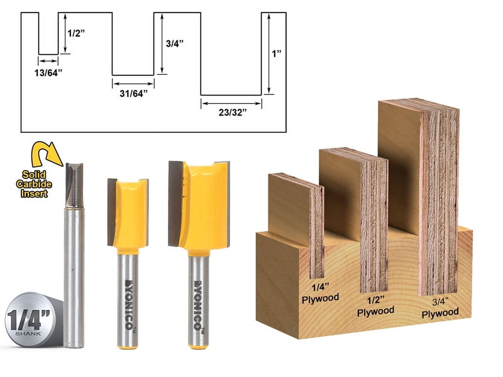 Yonico 3 bit undersize plywood dado router bit set - 1/4" shank ...