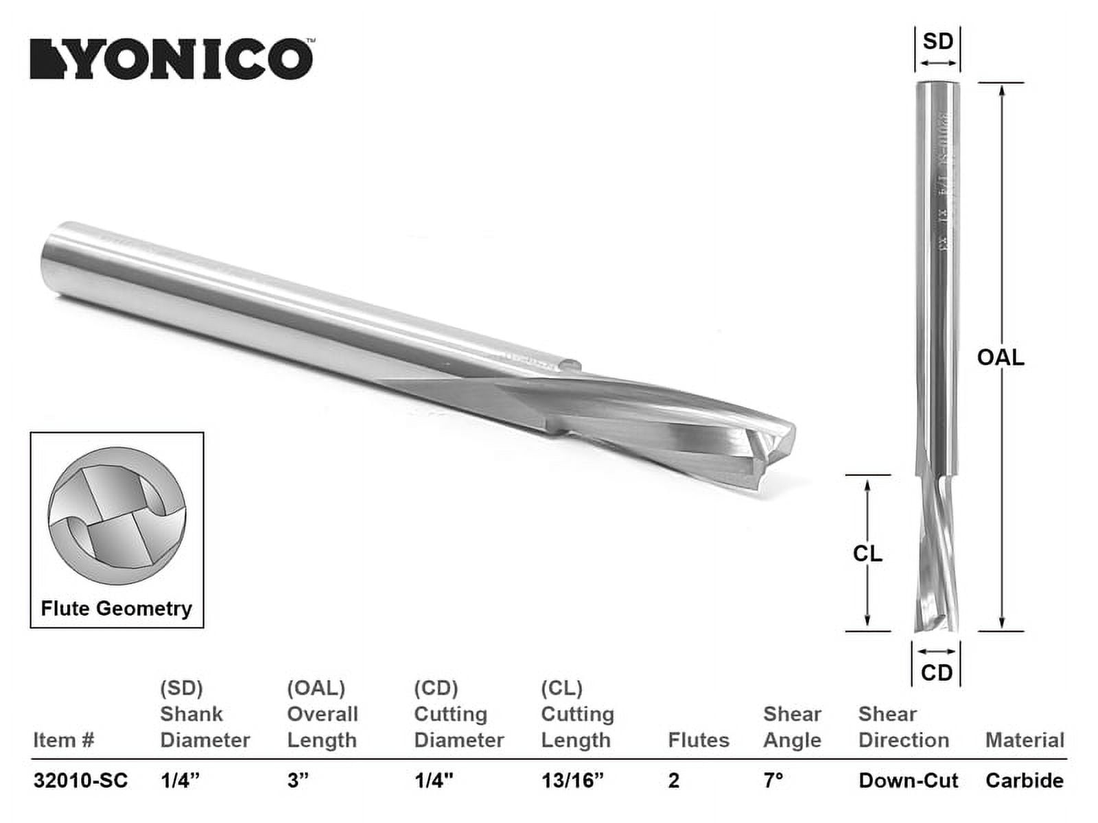 Yonico CNC Router Bit Low Helix Down Cut Long Reach 1/4" X 13/16 ...