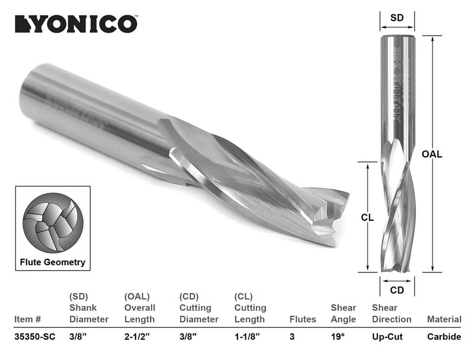 Yonico CNC Router Bit Low Helix Up Cut 3 Flute 3/8" Dia. X 1-1/8 ...