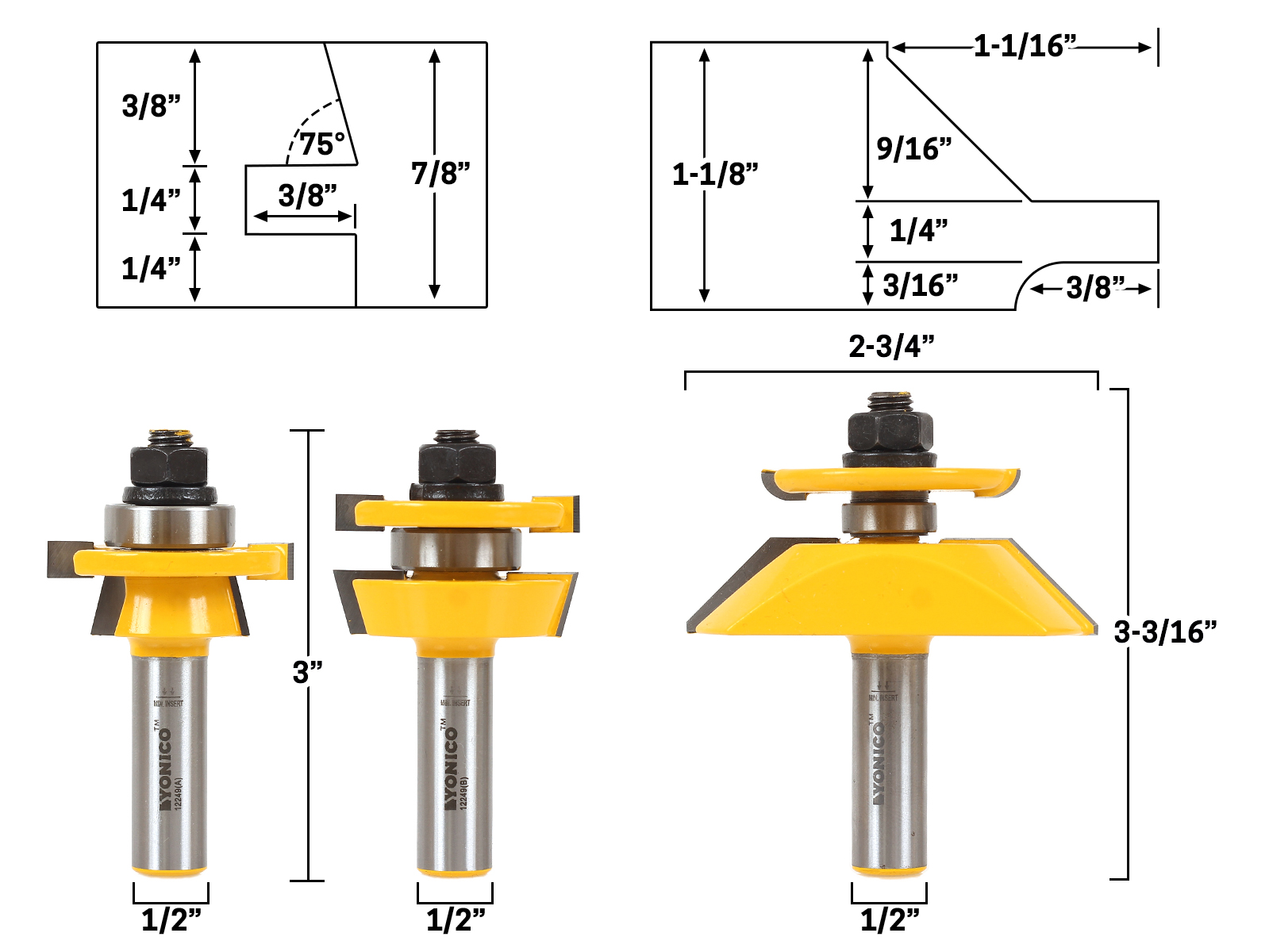 3 Bit Glass Door Router Bit Set - Round-Over Bead - 1/2" Shank - Yonico ...