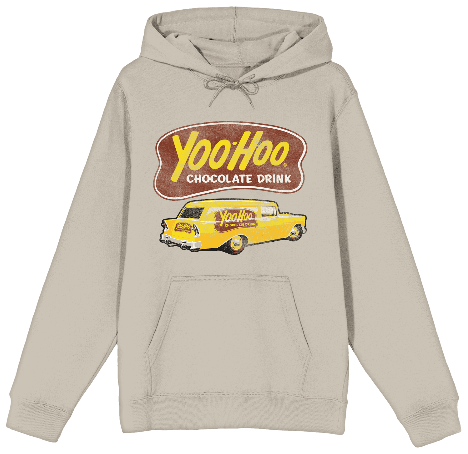 Yoo-hoo Vintage Logo & Car Art Long Sleeve Natural Hooded Sweatshirt ...