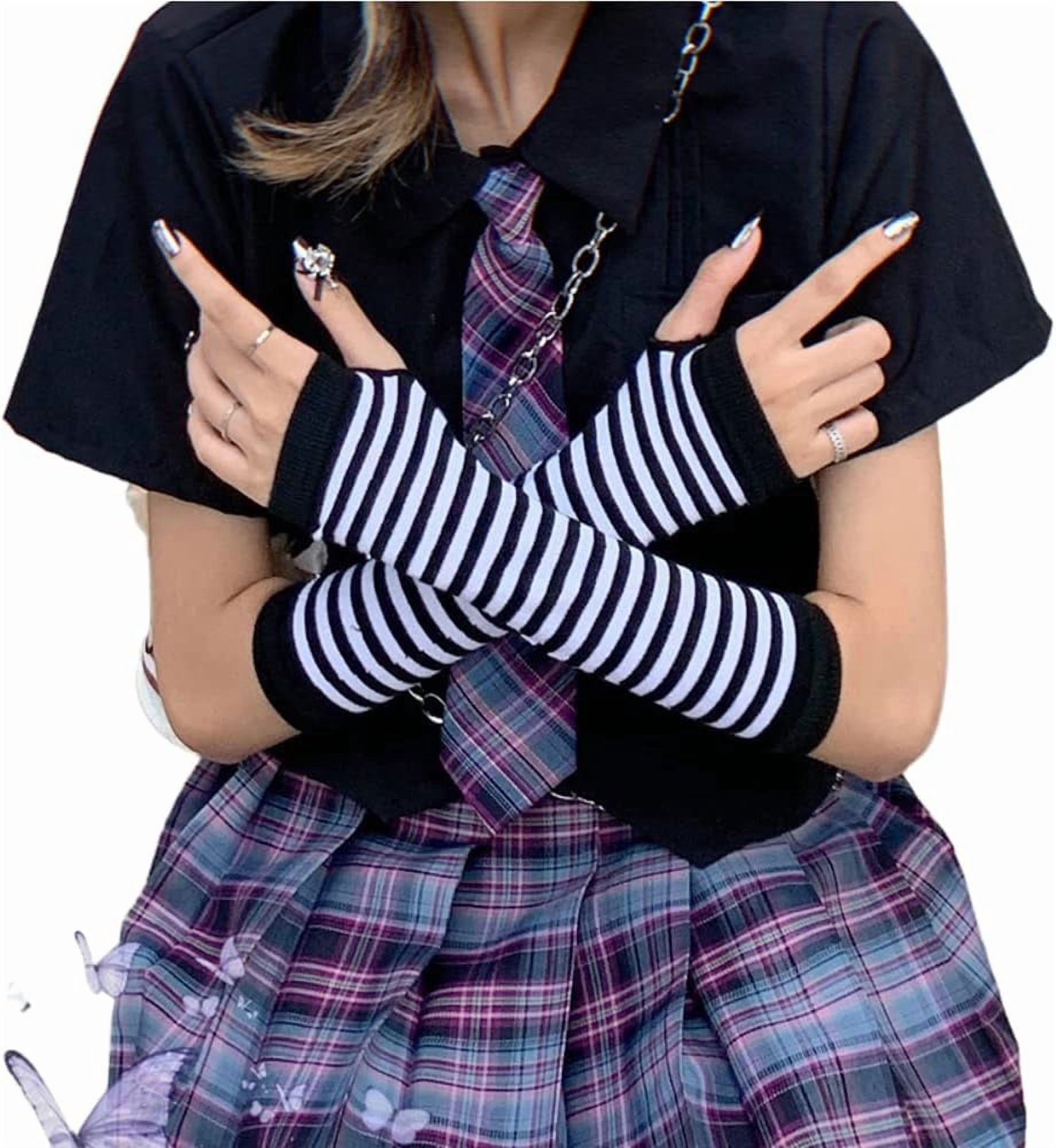 YooGuoGuo Arm Warmers Goth Emo Cosplay Fingerless Black Striped Cute ...