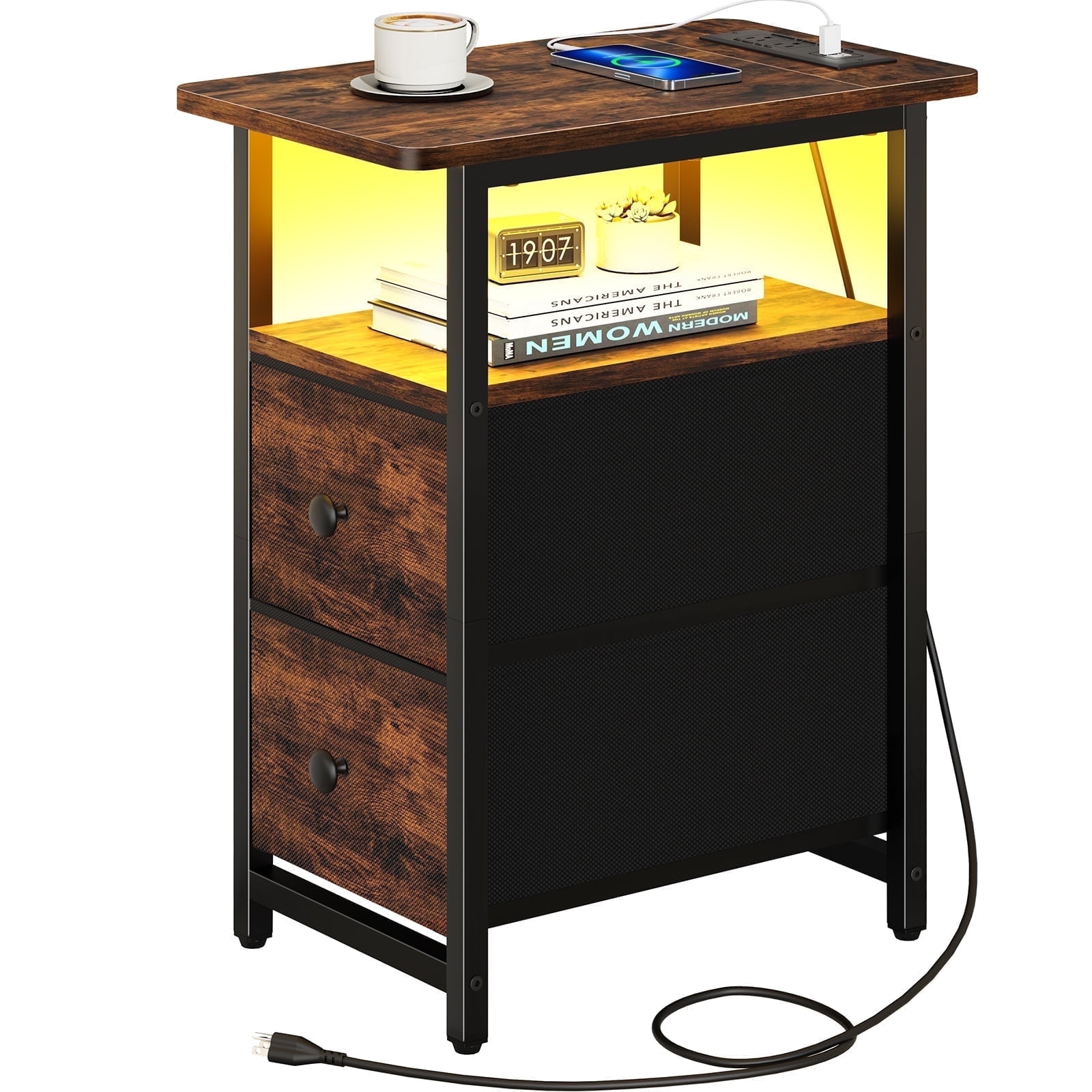 Yoobure End Table with Charging Station, Narrow Side Table LED Small ...