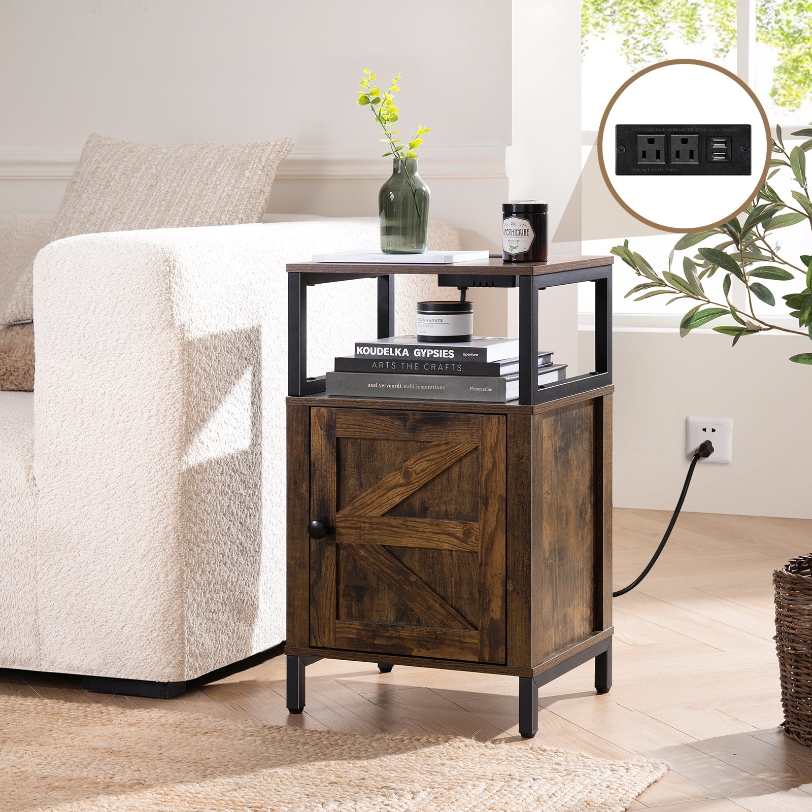 Yoobure Farmhouse NightStand with Charging StationWood Night Stand End ...