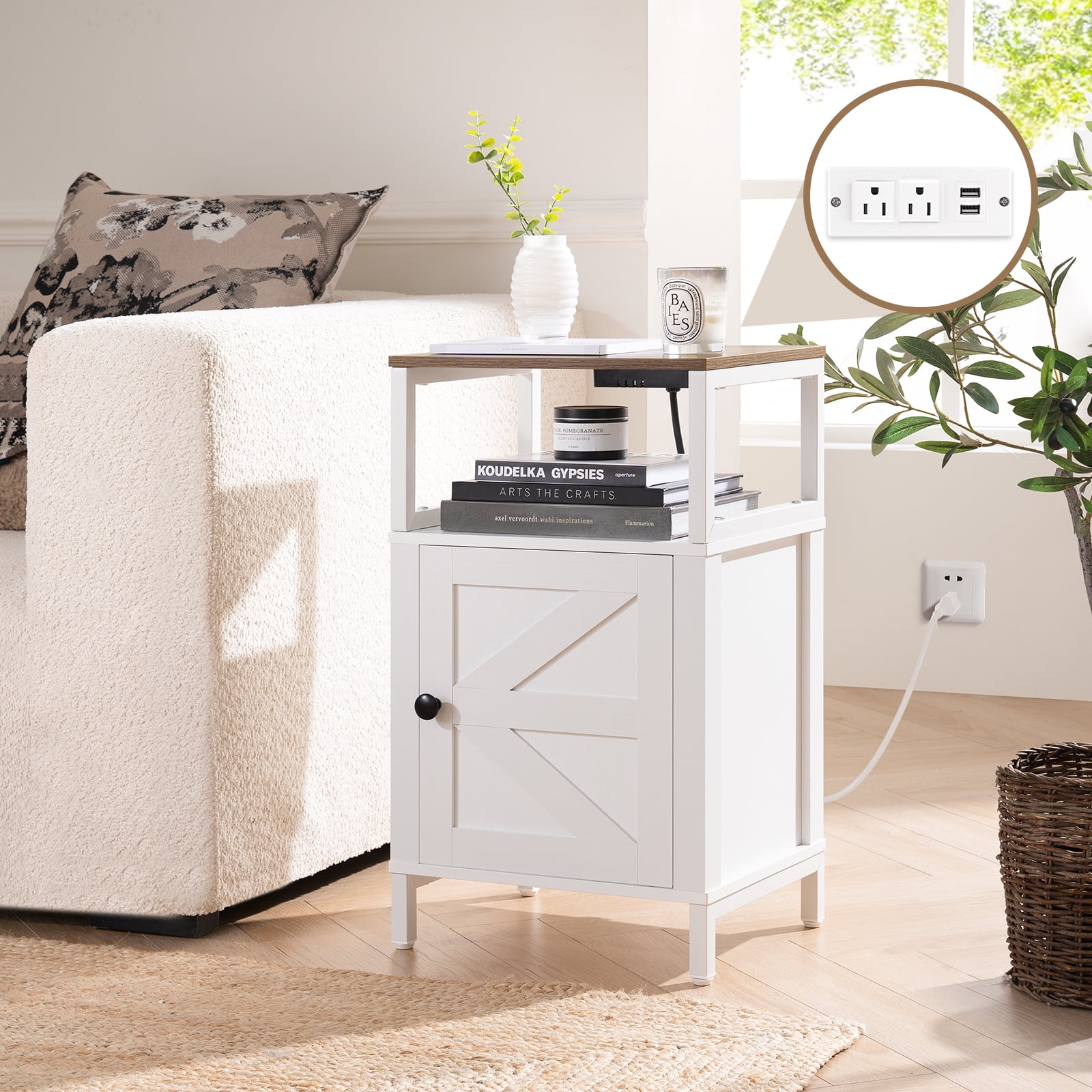 Yoobure Farmhouse NightStand with Charging StationWood Night Stand End ...