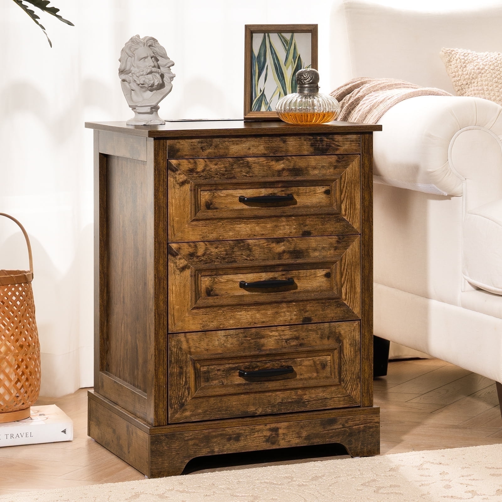 Curlaky 18"Farmhouse Night Stand with Charger Station,Wood Nightstand ...