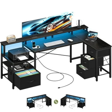 66 inch U Shaped Gaming Desk with Multiple Shelves, Drawers, Adjustable ...