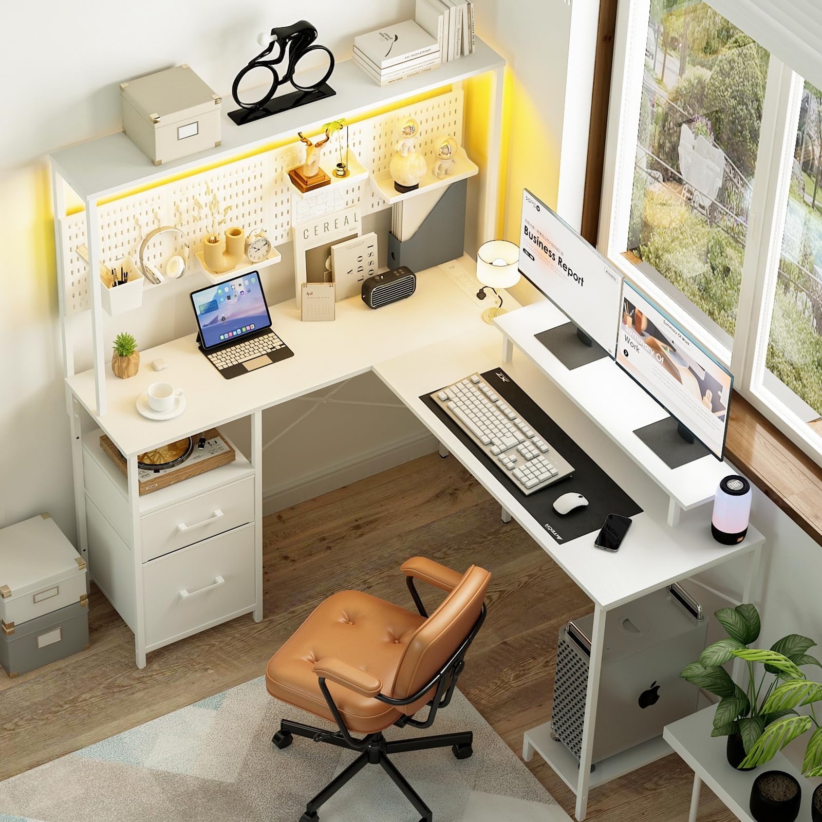 Yoobure L Shaped Computer Desk with Power Outlets and Pegboard ...