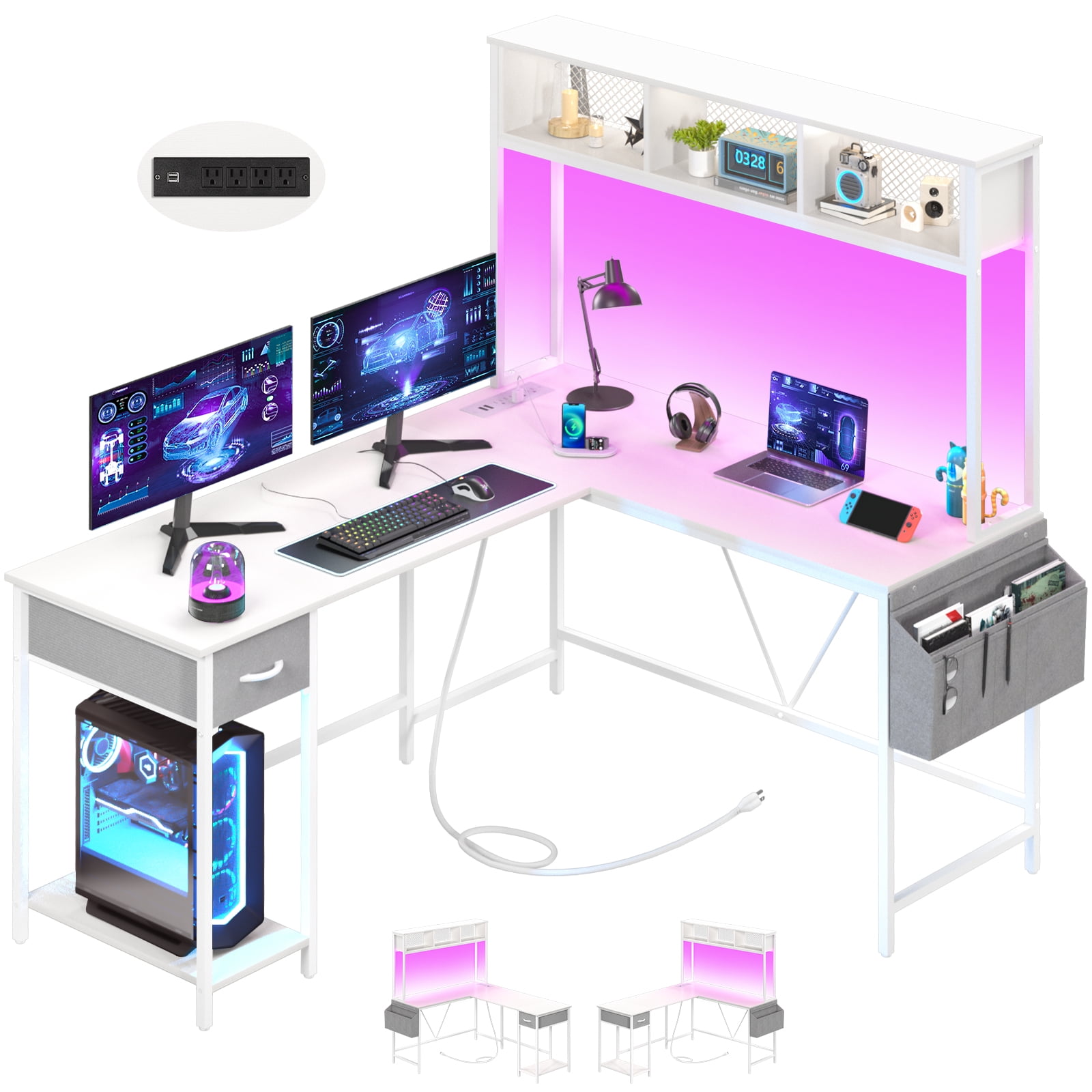Yoobure 55 inch L Shaped Desk with Power Outlet and LED lights，Corner ...