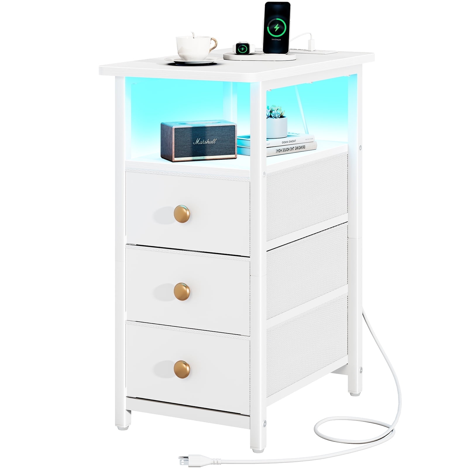 Yoobure End Table with Charging Station, LED Narrow Side Table Bedside ...
