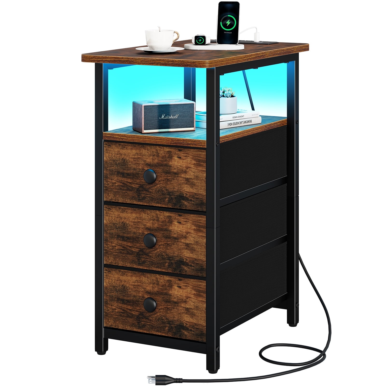 Yoobure End Table with Charging Station,LED Narrow Side Table Bedside ...