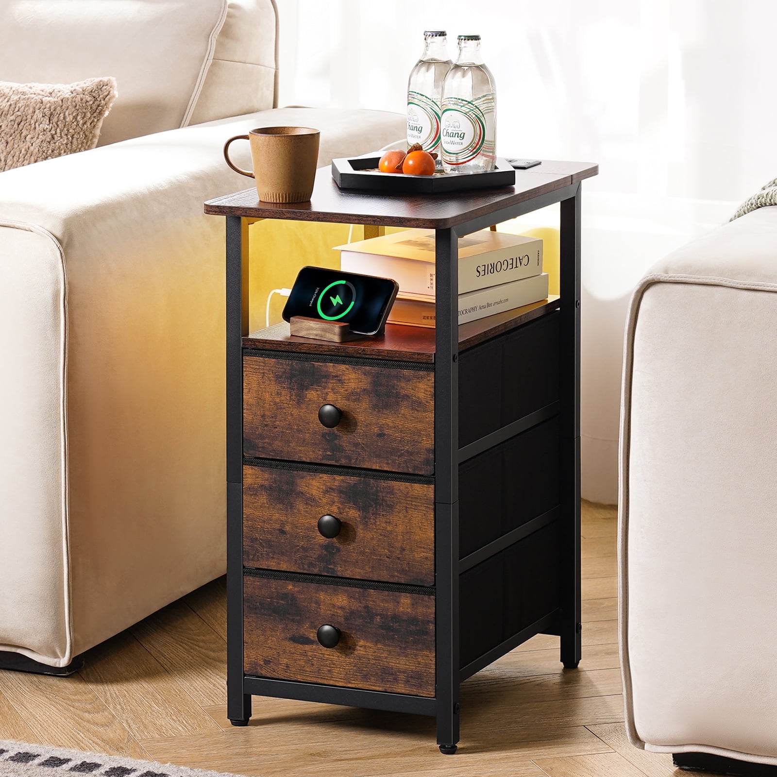 Yoobure End Table with Charging Station,LED Narrow Side Table Bedside ...