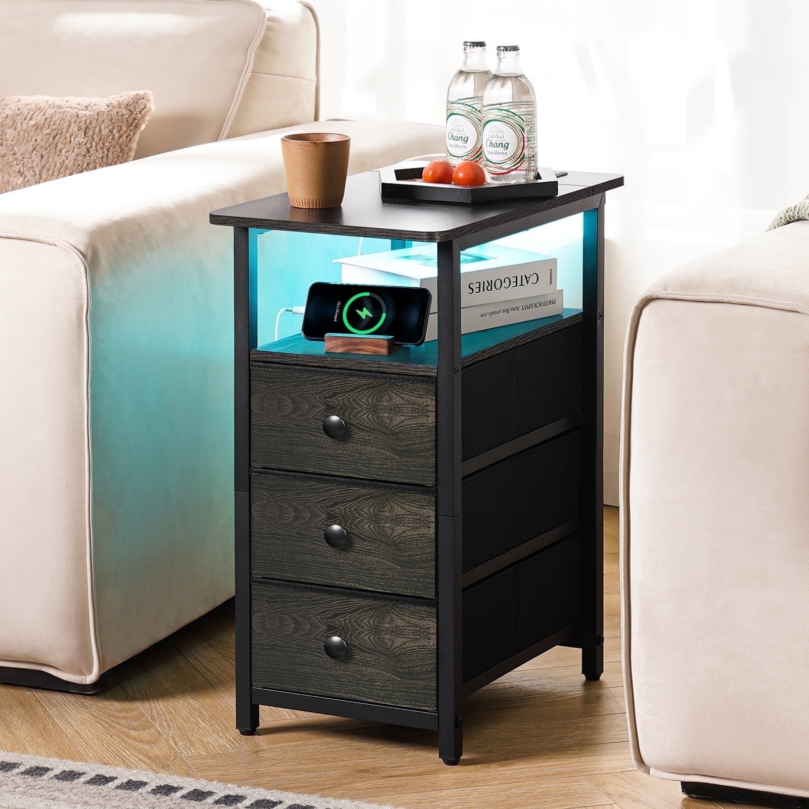 End Table with Charging Station,LED Narrow Side Table Bedside Table ...