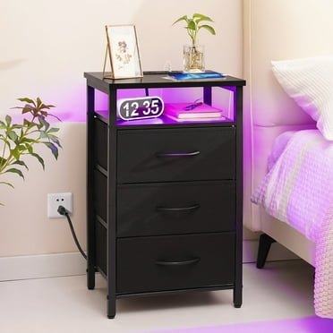 Yoobure Nightstand with Charging & LED Lights, Fabric Drawers, Storage ...