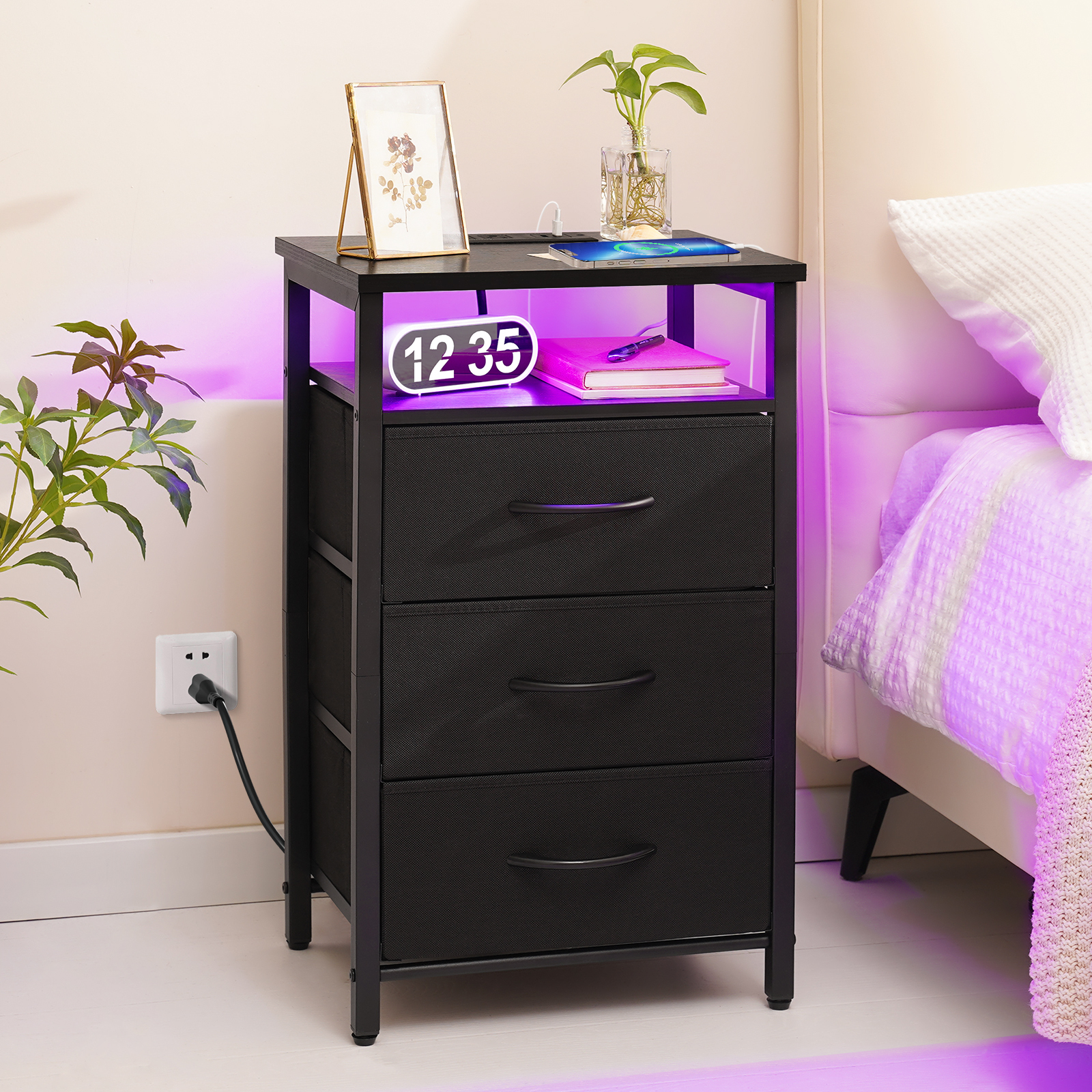Small Night Stand with Storage Shelf and Drawer, Wood Nightstand for ...