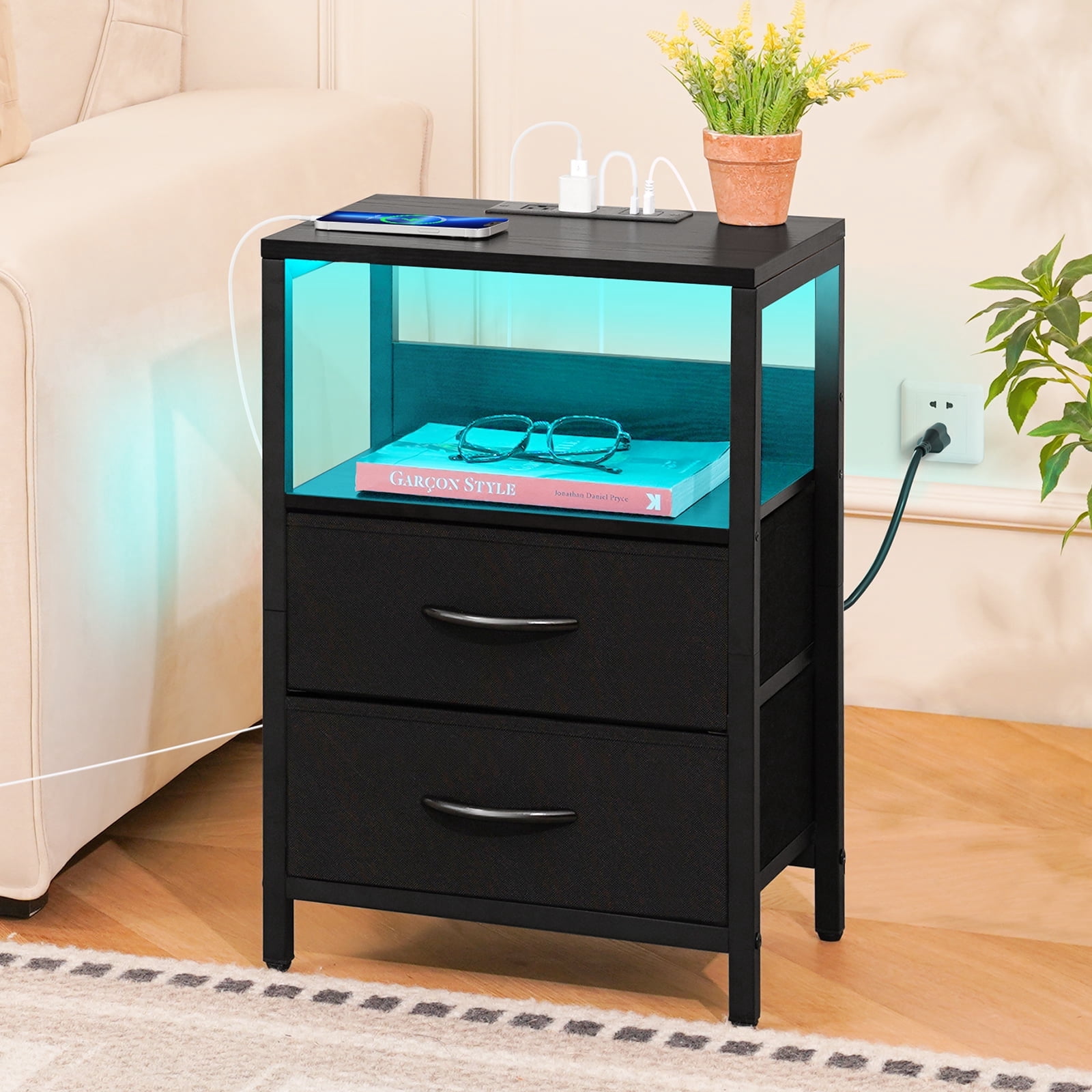 Yoobure Nightstand with Charging Station, LED Light, Fabric Drawers ...