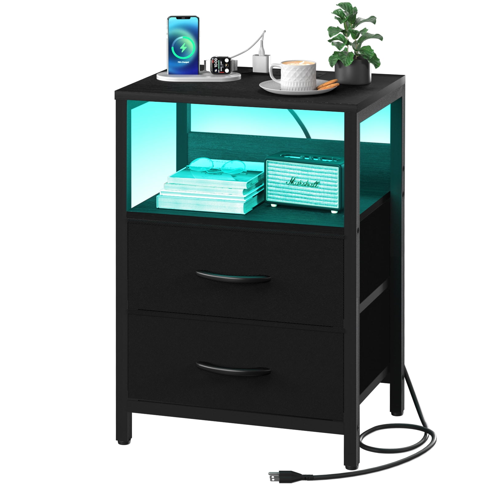 Yoobure Nightstand with Charging Station, LED Light, Fabric Drawers ...