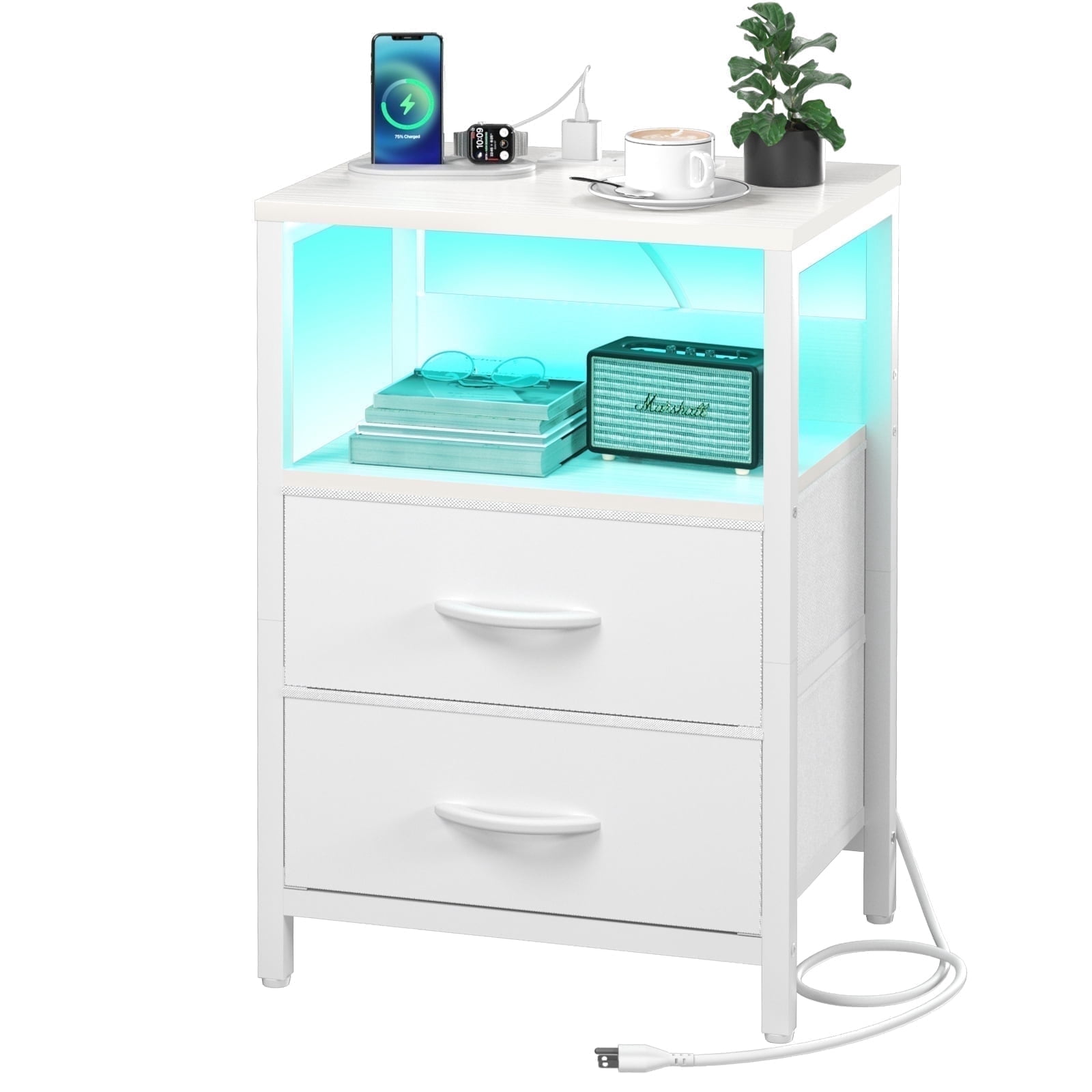 Yoobure Nightstand with Charging & LED Lights, Fabric Drawers, Storage ...