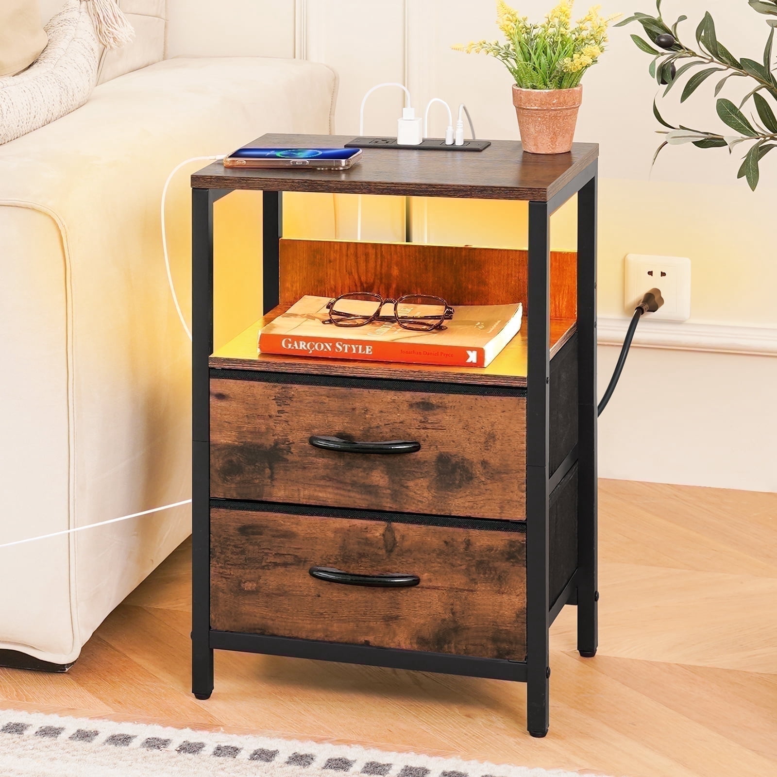 Yoobure Nightstand with Charging Station, USB Ports, LED Lights, Fabric ...