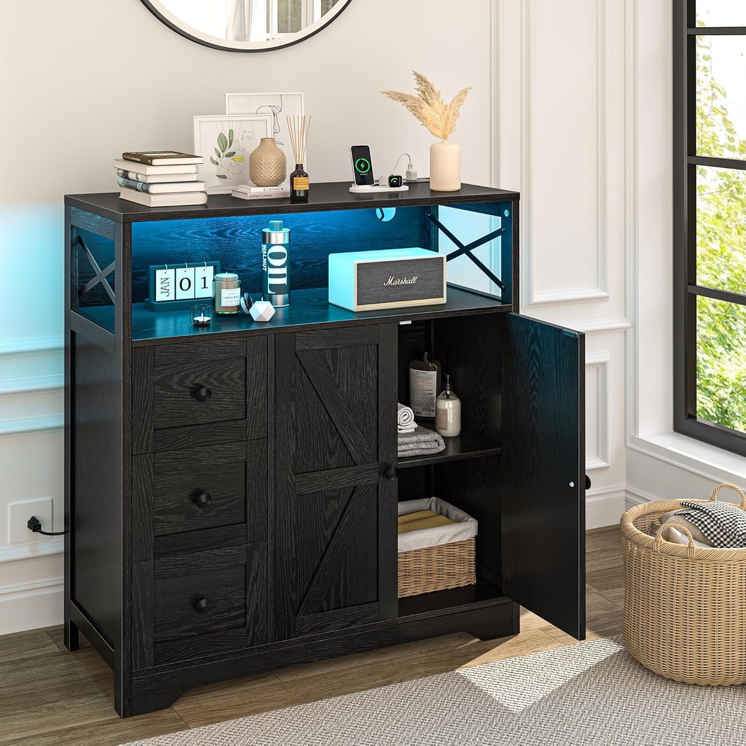 Yoobure Storage Cabinet with Doors and Shelves, LED Farmhouse Kitchen ...