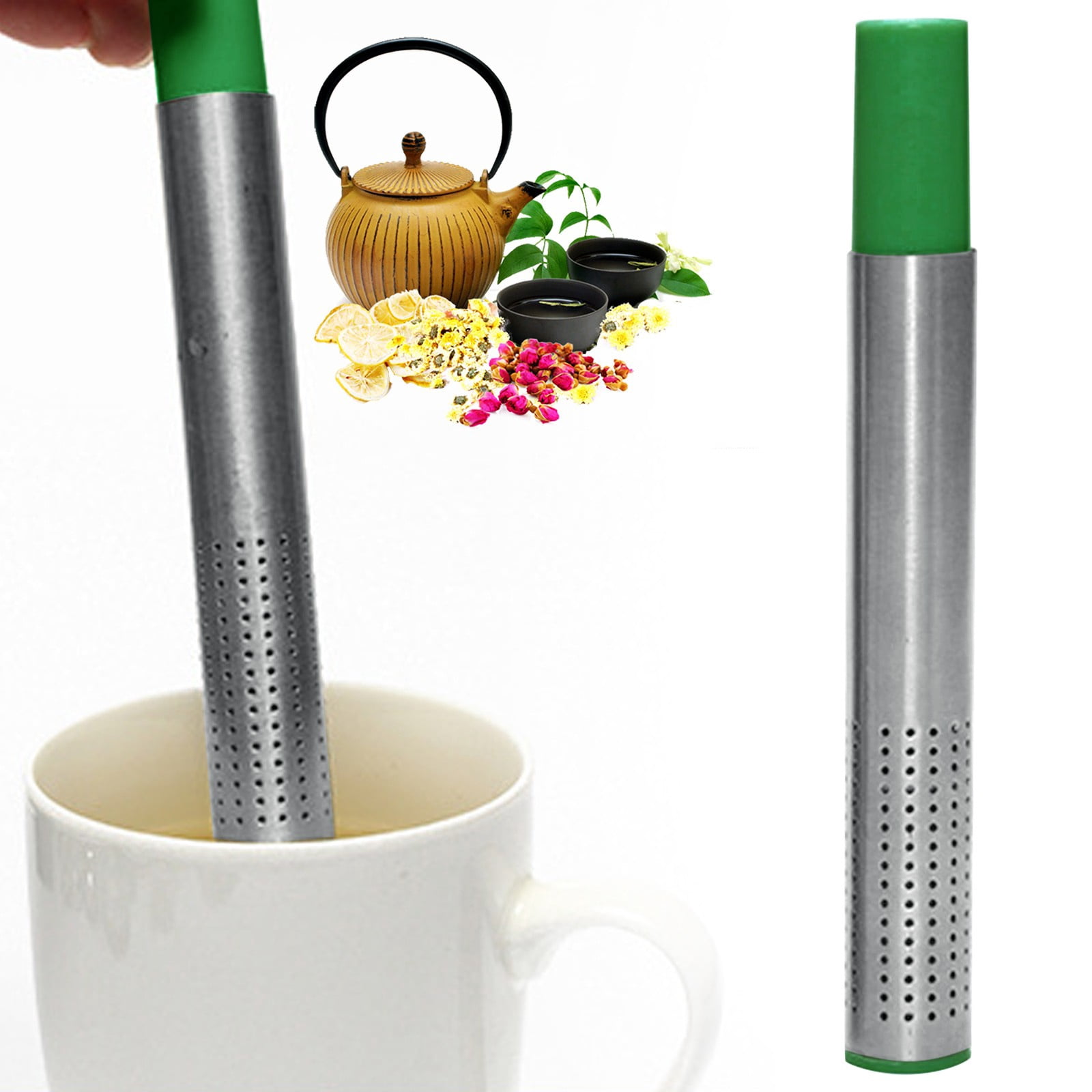Yooci Green Tubular Telescopic Tea Infuser (16x2 cm) in Teacup with Hot ...