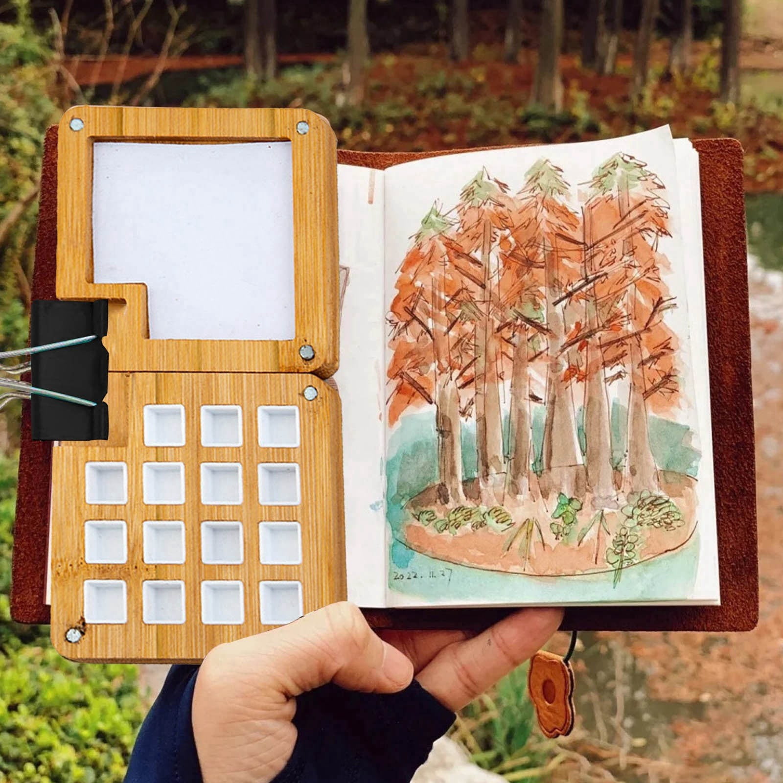 Yoofe Portable Sketchbook Palette 15 Grids Wooden Mini Travel Paint Palette Magnetic Palette Box ...