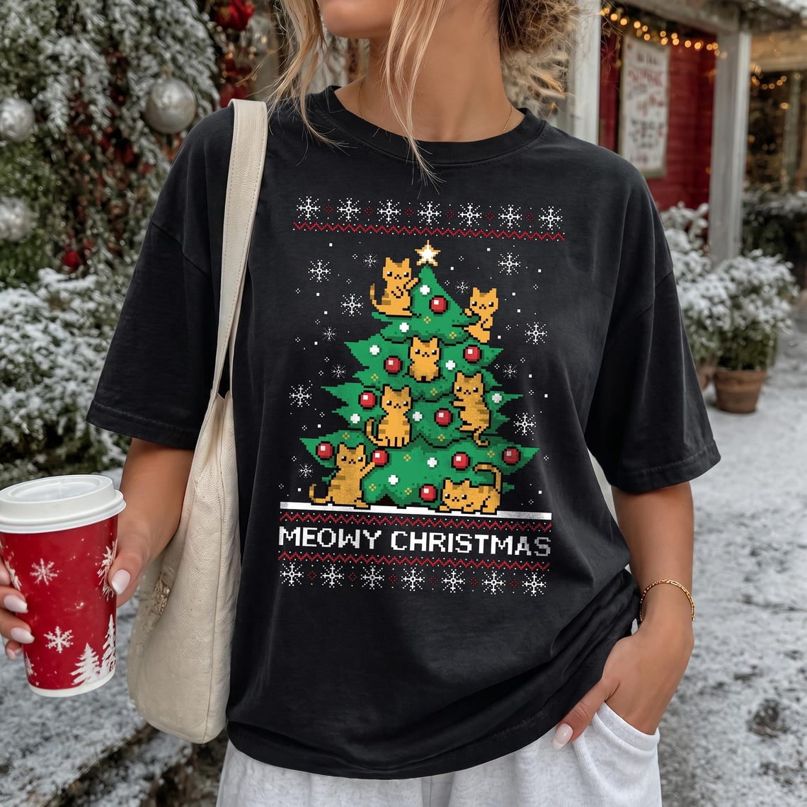 Yoofine Adult Meowy Christmas Cat Tree Ugly Sweater Style Graphic T ...