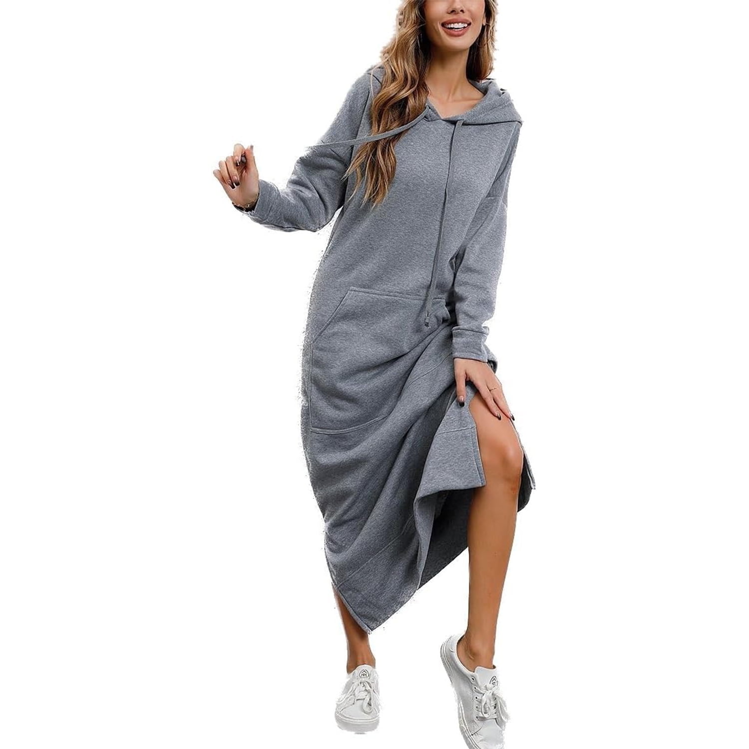 Yoolin Womens Long Fleece Maxi Pullover Sweatshirt Dresses Baggy Hooded ...