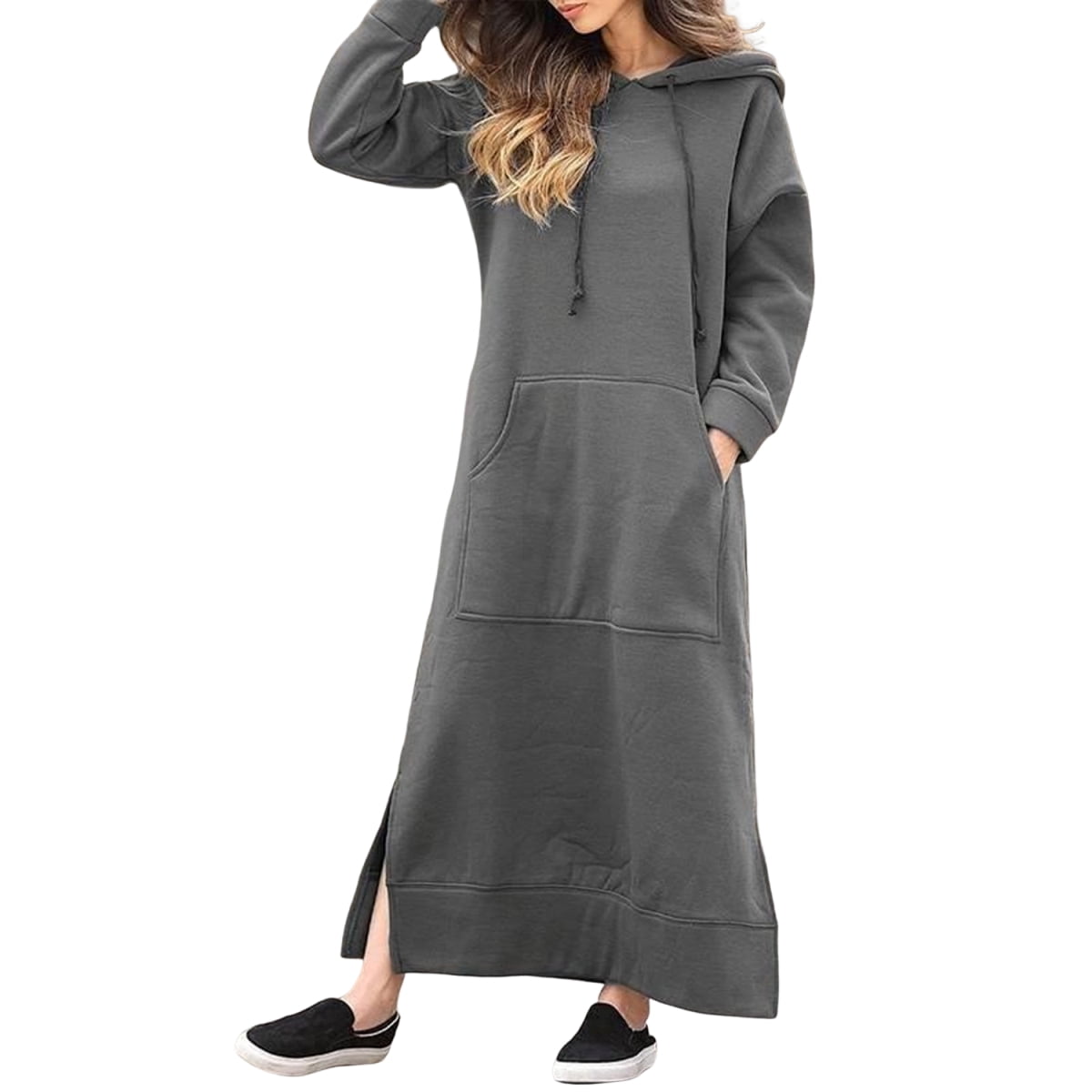 Yoolin Womens Long Fleece Maxi Pullover Sweatshirt Dresses Baggy Hooded ...