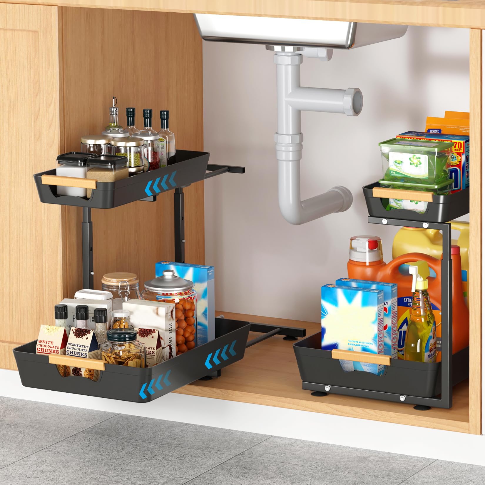 YoolooKitt Under Sink 2 Tier,Pull Out Cabinet Shelf,Kitchen Bathroom ...