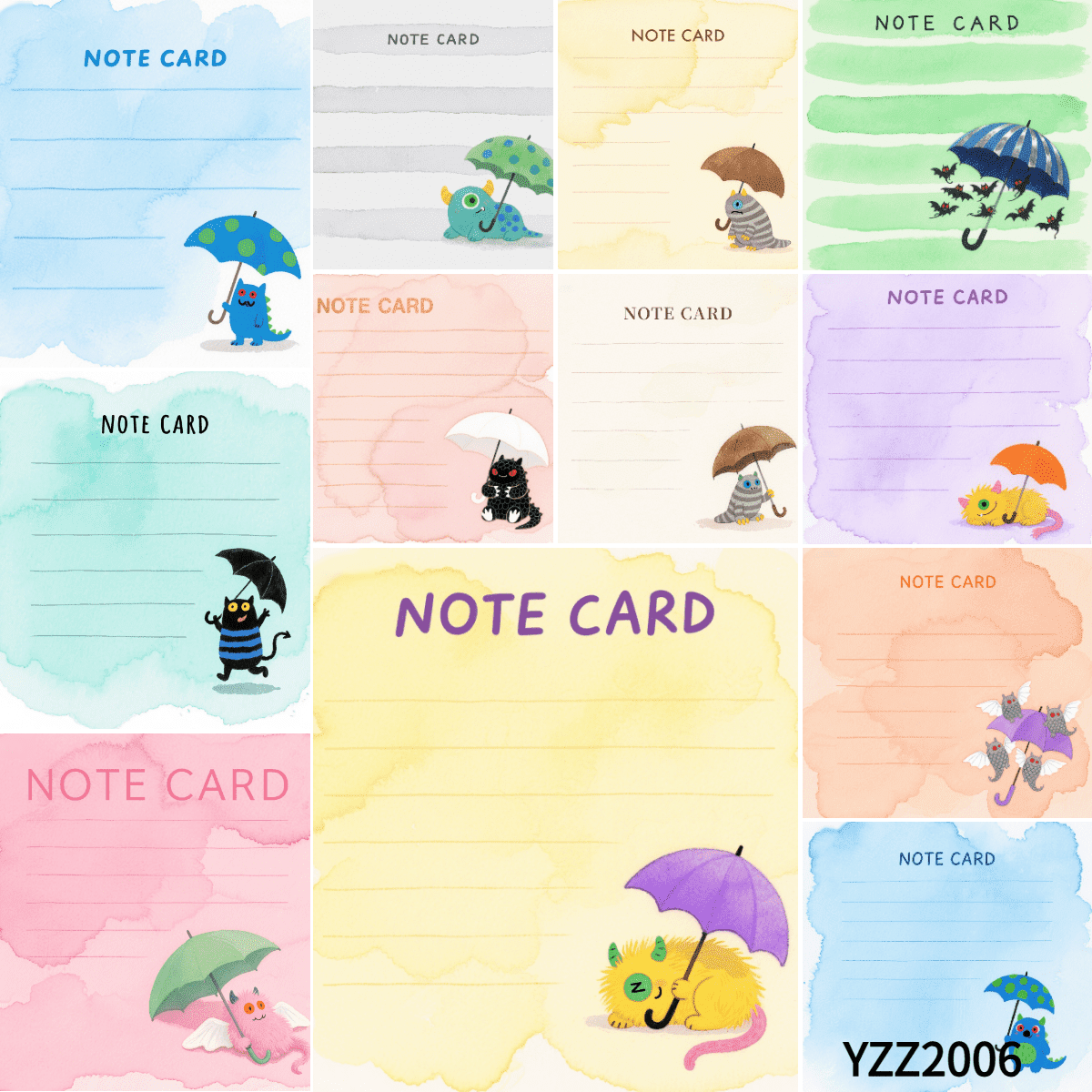 Yooma Set of Whimsical Note Cards: Cute Monsters with Umbrellas in ...