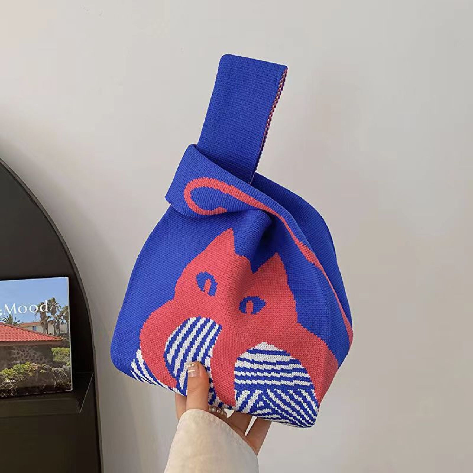 Yoosmatic Knitted Handbag Tote Bucket Sling Wrist Bag Purse Cat Blue ...