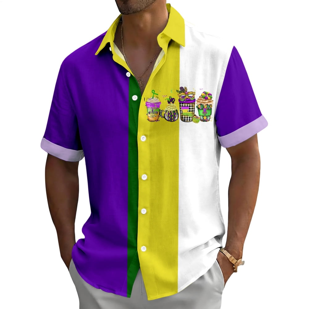 Yopmin Mardi Gras Shirt for Men Color Block Casual Short Sleeve Bowling ...