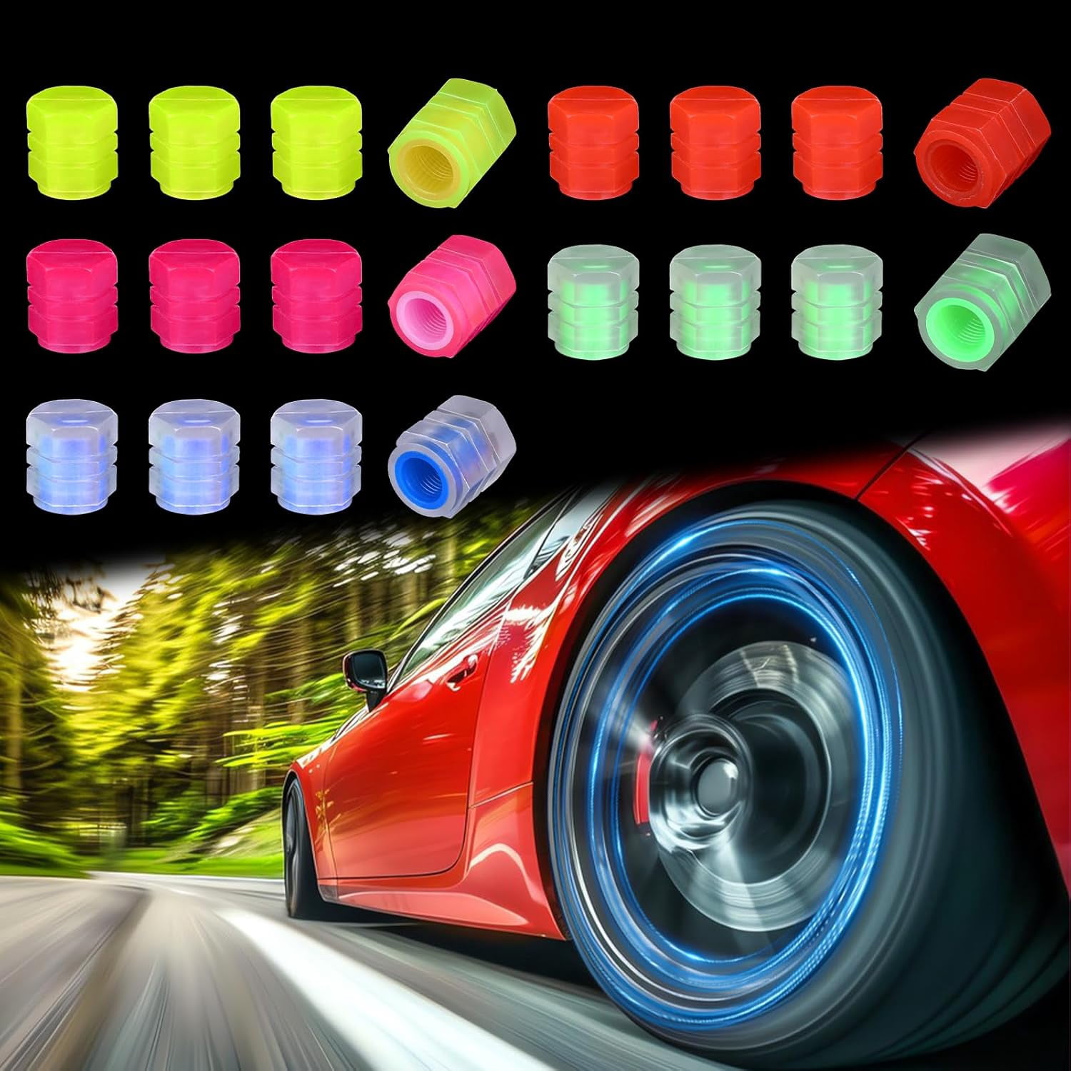 Yoqb 20 PCS Fluorescent Tire Valve Stem Caps Glow in The Dark Tire ...
