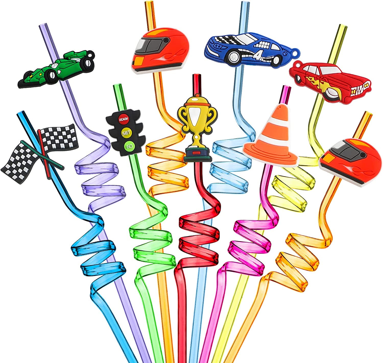 Yoqb 24 Pieces Race Car Drinking Straws Reusable Plastic Curly Wheels ...