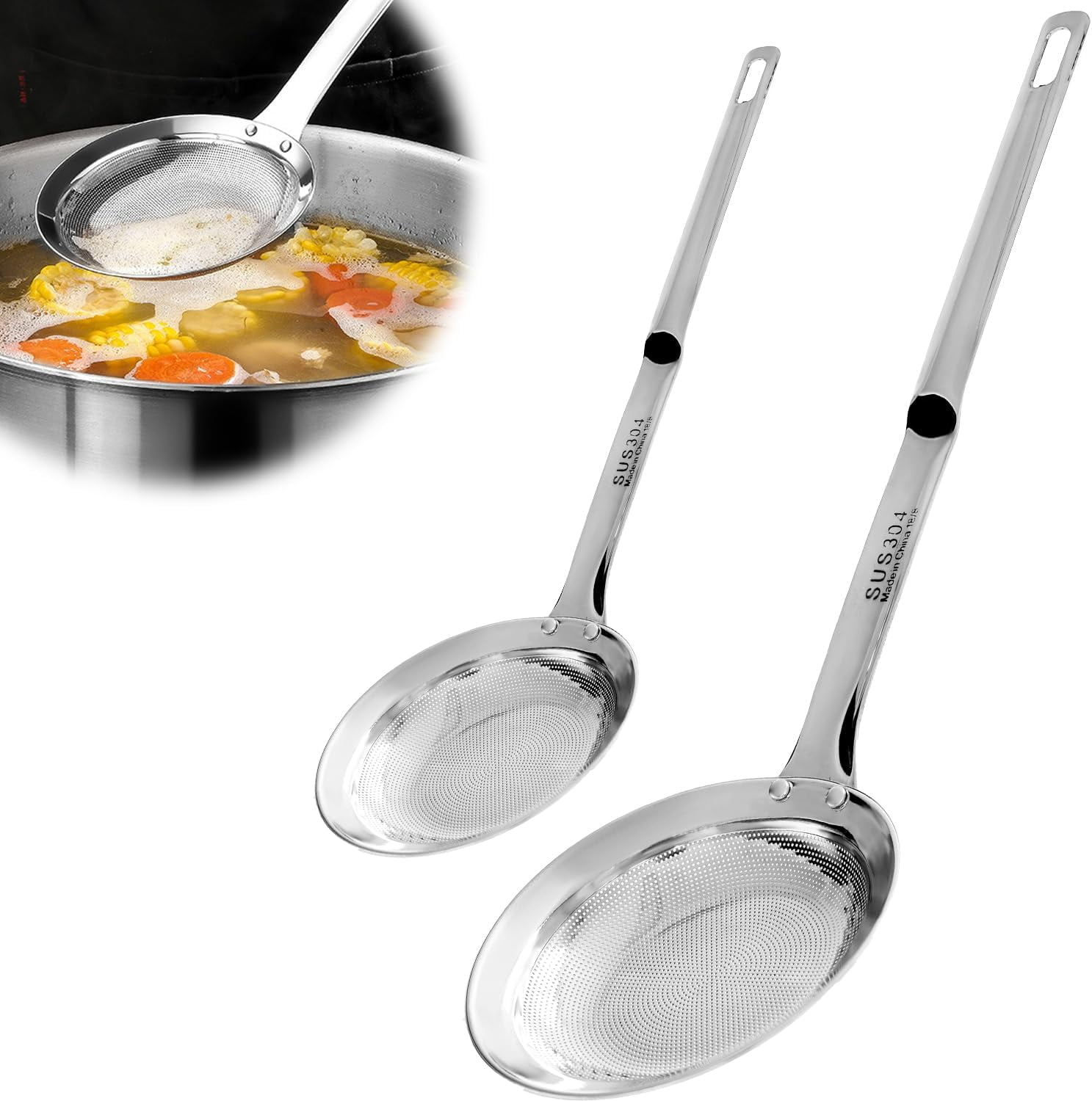 Yoqb 2PCS Stainless Steel Fine Mesh Strainer,Fat Skimmer Spoon Fine ...