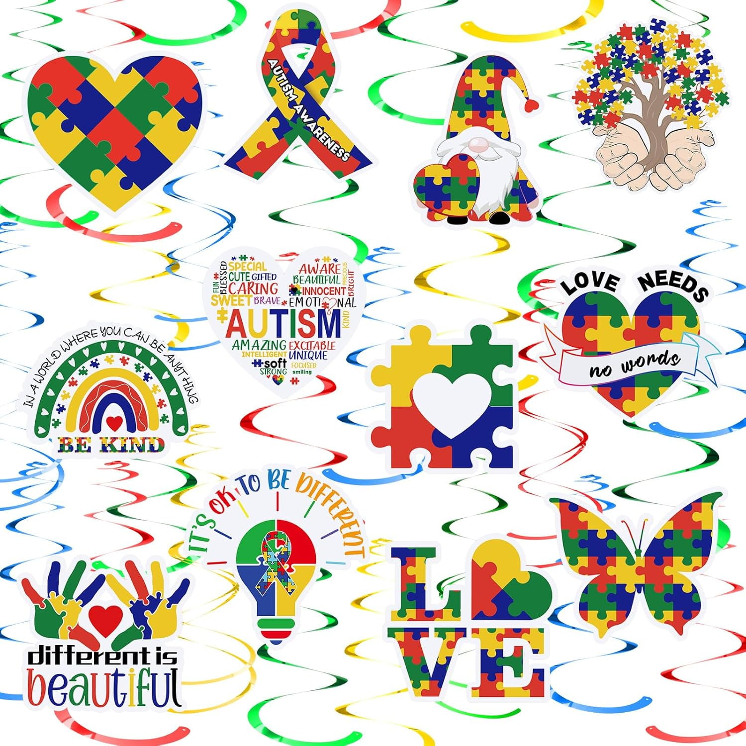 Yoqb 54 Pcs Autism Awareness Hanging Swirl Decorations Puzzle Piece ...
