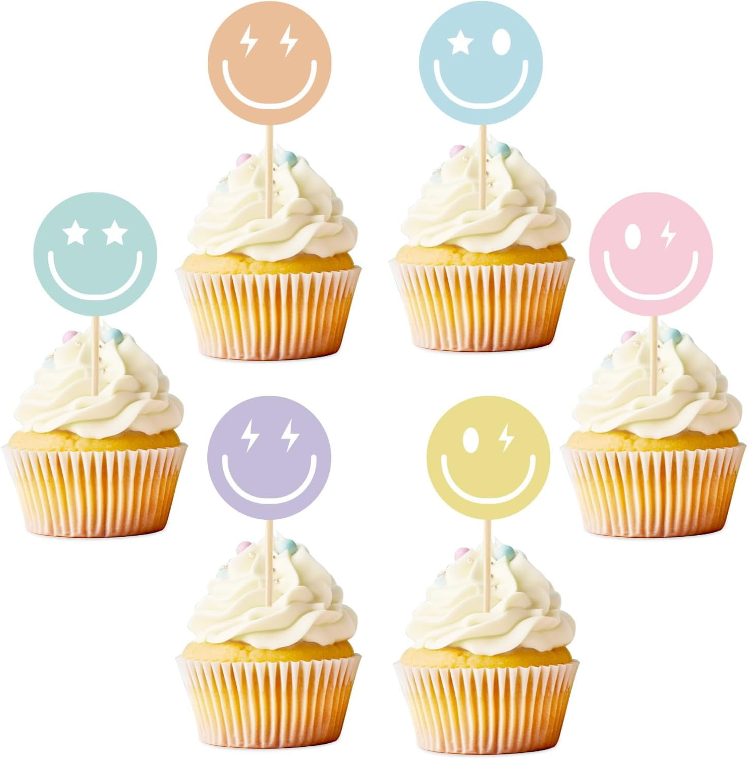 Yoqb 72Pcs Preppy Smile Face Cupcake Toppers 6 Designs Paper Cake Decor ...