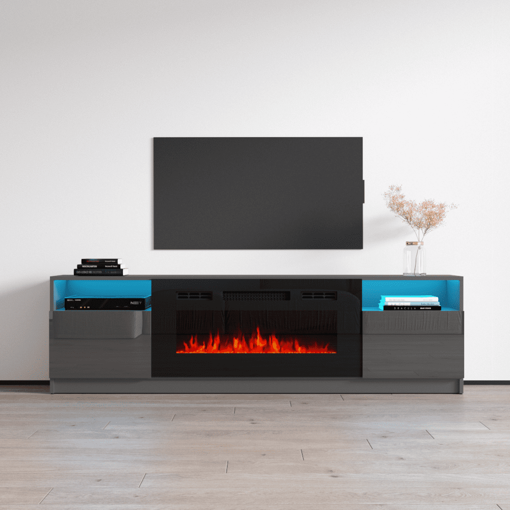 "York 02, 79"" Entertainment Center with Electric Fireplace, Cabinets ...