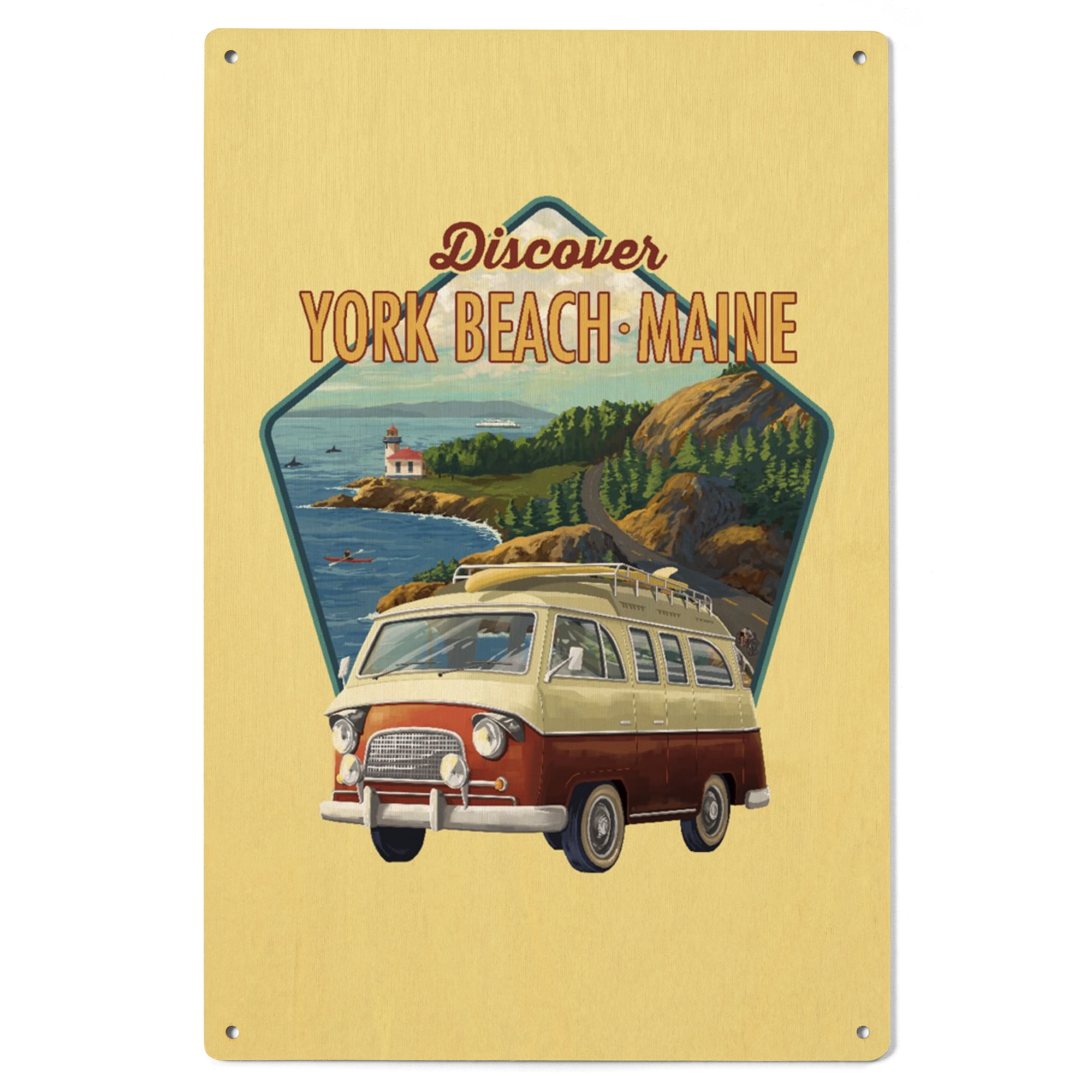 York Beach, Maine, LP Camper Van, Contour Birch Wood Wall Sign (6x9 ...