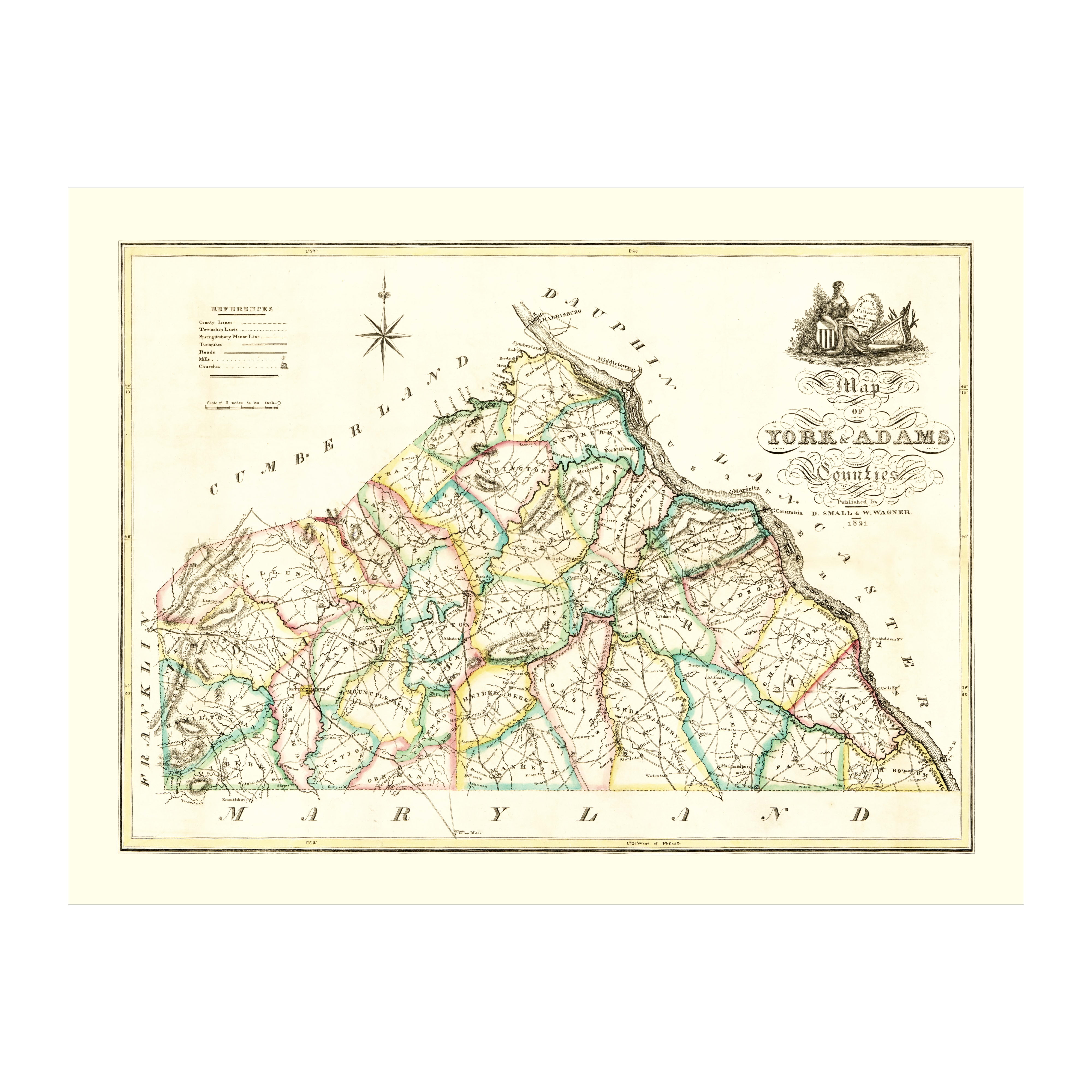 York County Pennsylvania Art, 1821 Vintage Map of York County PA ...